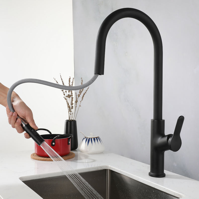 Black Stainless Steel Hot Cold Water 360° Rotation Pull Down Faucet Hot ...