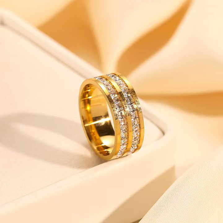 K095 Waterproof Double Layer Diamond Wedding Engagement Ring 18K Gold ...