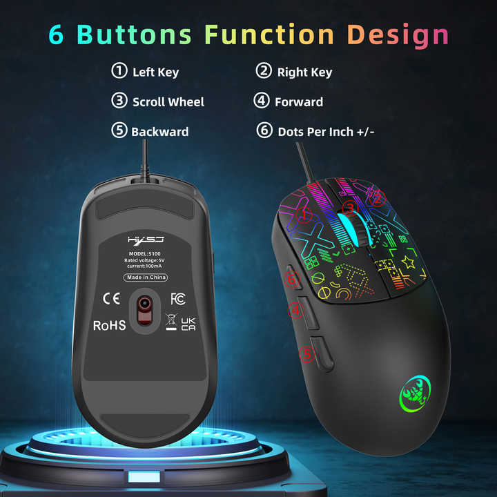 HXSJ S100 Wired Optical Gaming Mouse 7-Color Backlight Plug Play USB ...