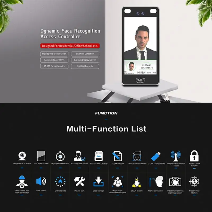 Waterproof Outdoor 5inch Multi-Biometric Face Facial Recognition Door Access Control System Time ...