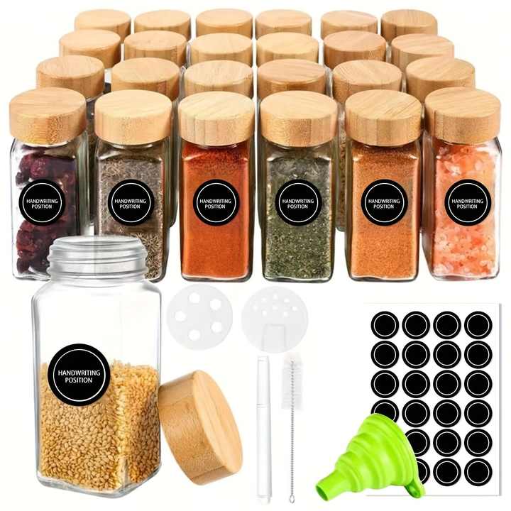 24 Labeled Glass Spice Bottles with Bamboo Lids - Perfect Storage