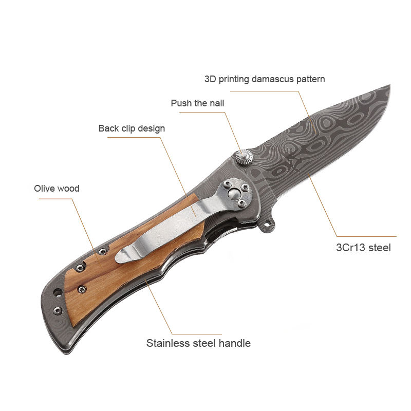 Bochen Olive Wood Handle Damascus Pocket Knife for Outdoor Use ...