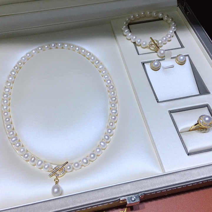 Factory Wholesale Beaded White Freshwater Pearl Jewelry Set OT Button Pearl Necklace Bracelet ...