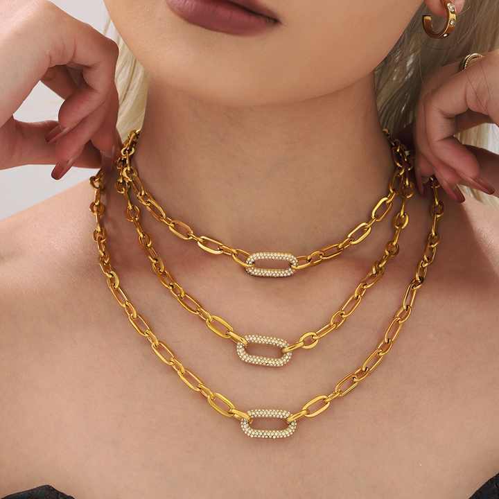 Luxury Chunky Gold Plated Paper Pin Link Chain Oval Micro Pave Pendant ...