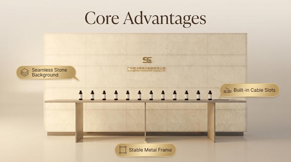 Cream Marble Grid Background Wall Perfume Display Counter Gold Metal ...