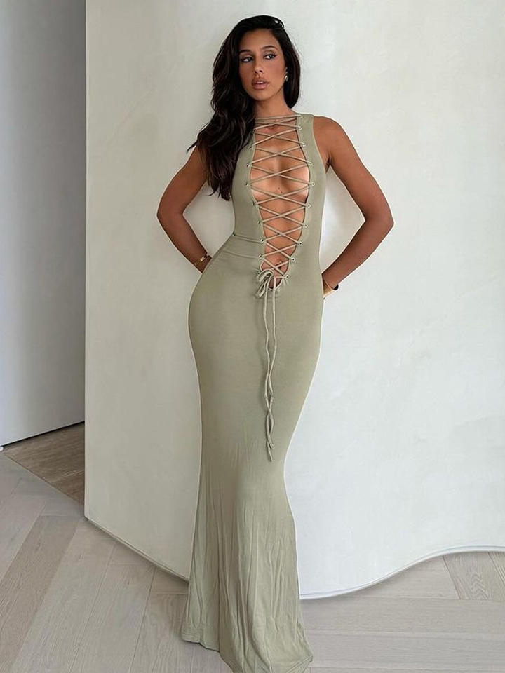 Hot Sale Sexy Midi Lace up Women's Dresses Eco-Friendly Woven Plain ...