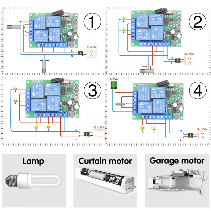 433Mhz Universal Remote Control Receiver AC 110V 220V 10A Controller 4 ...