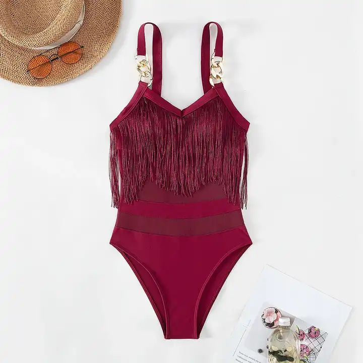 Sexy Solid Swimwear Chain One Piece Swimsuit Female Tassels Bathing ...