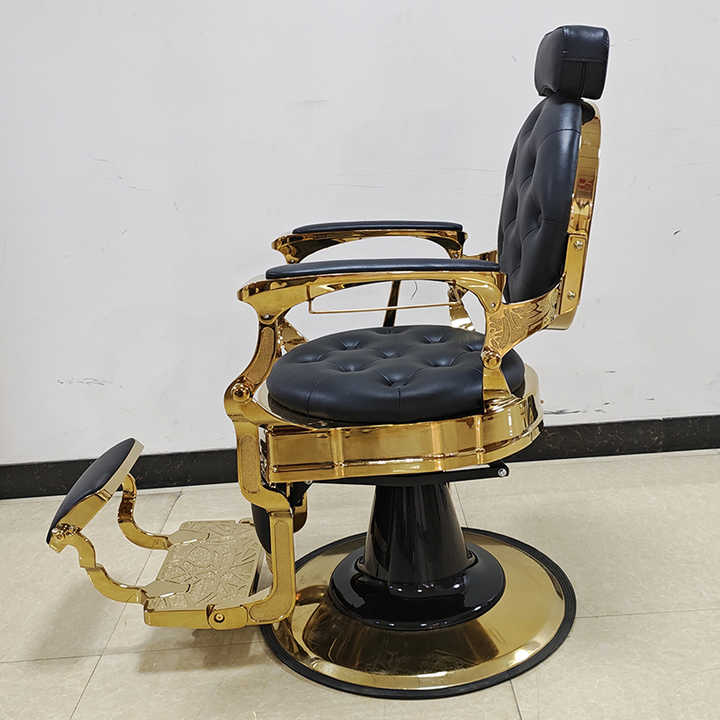 Antique Style Black Gold Tufted Leather Barber Shop Chair