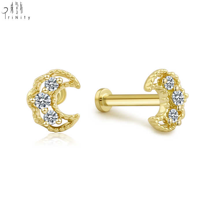 High Quality New Moon Design 14K Solid Gold Natural Diamond Single Fine ...