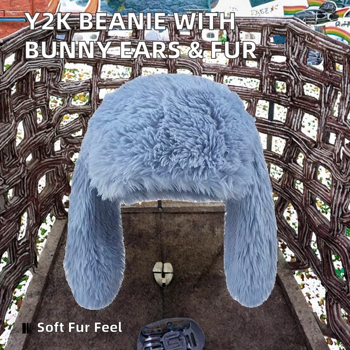 Y2K Winter Beanie Hat Cute Funny Bad Rabbit Bunny Ears Warm Fluffy Fur ...