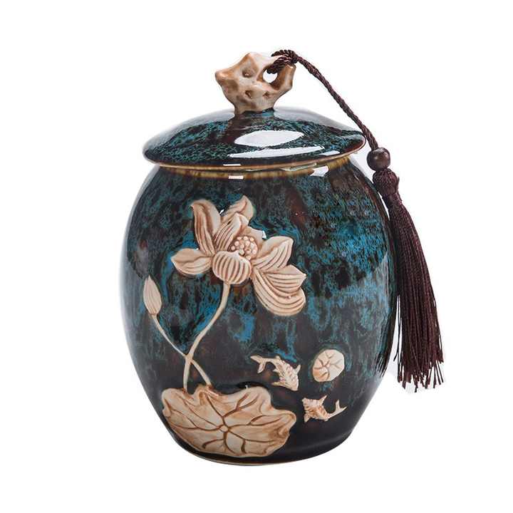 Reactive Kiln Glaze Lotus Embossed Ceramic Airtight Tea Jar for Gift ...