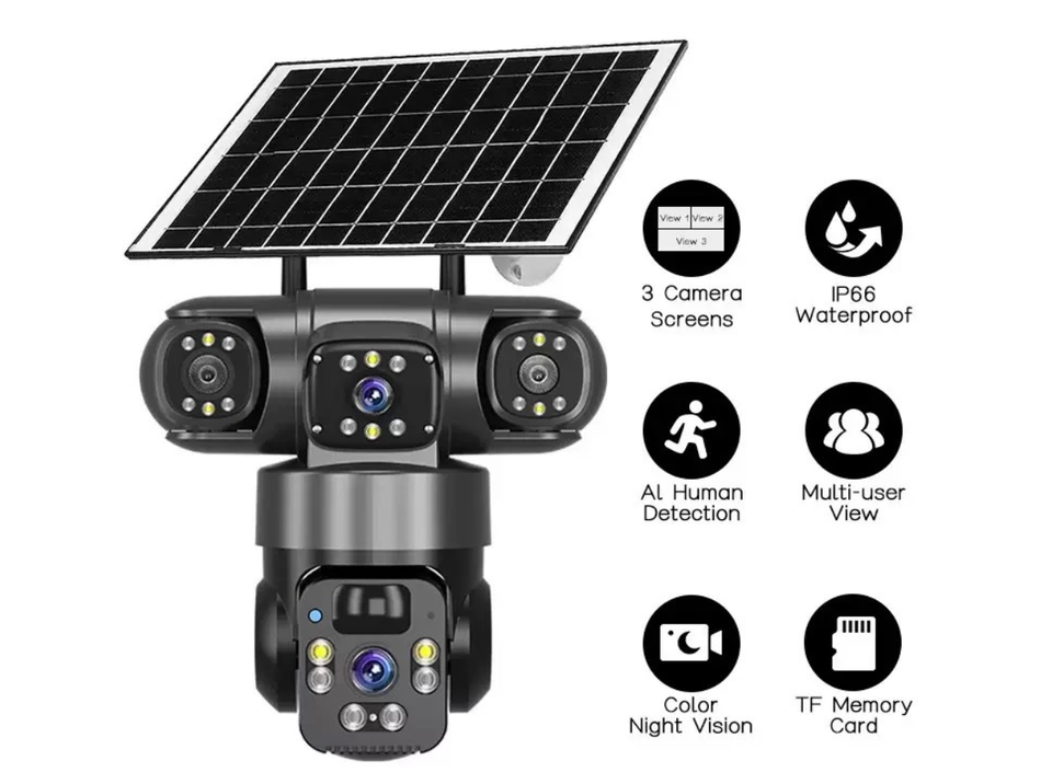 V380 Panoramic 360° 3-Lens Wireless WiFi/4G Solar Security Camera ...