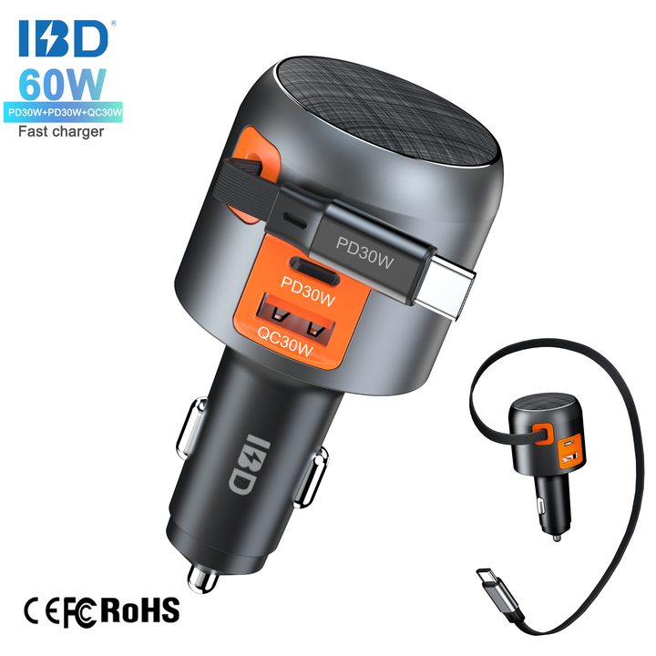 IBD New PD 60W Retractable Car Charger Fast Charging 3 in 1 USB 2 Type C Quick QC30W PD30W Car ...