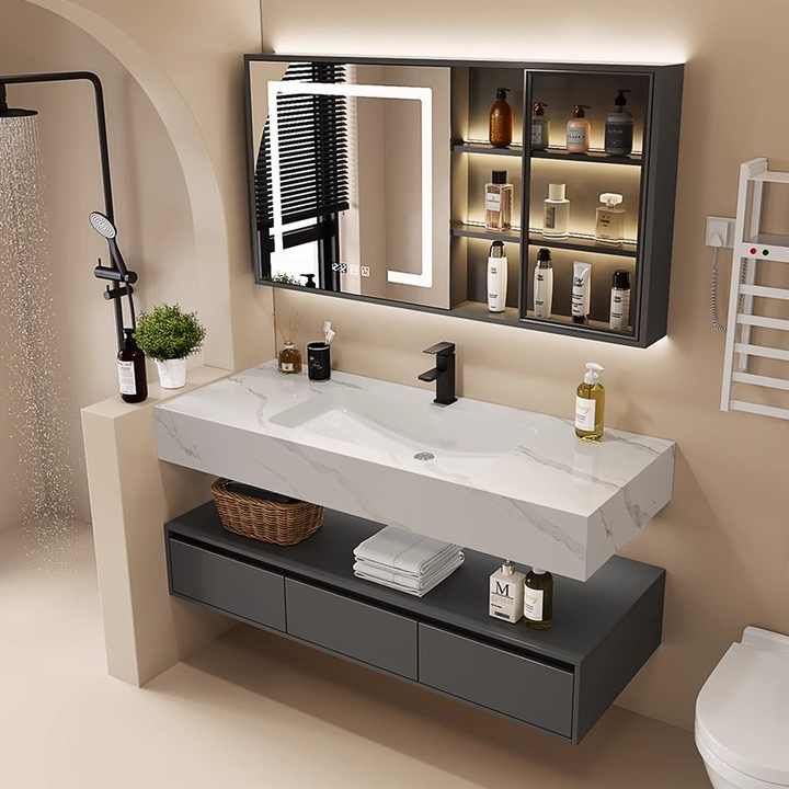 White Ceramic Basin LED Mirror Light Bathroom Sets Cabinets