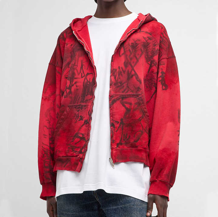 Red Zip up Hoodie Manufacturer High Quality Custom Splash-Ink Graffiti ...