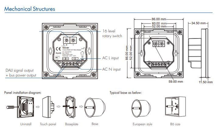 SKYDANCE TD2-SH 100-240VAC DALI DT8 Touch Glass Slide Panel DALI Bus ...