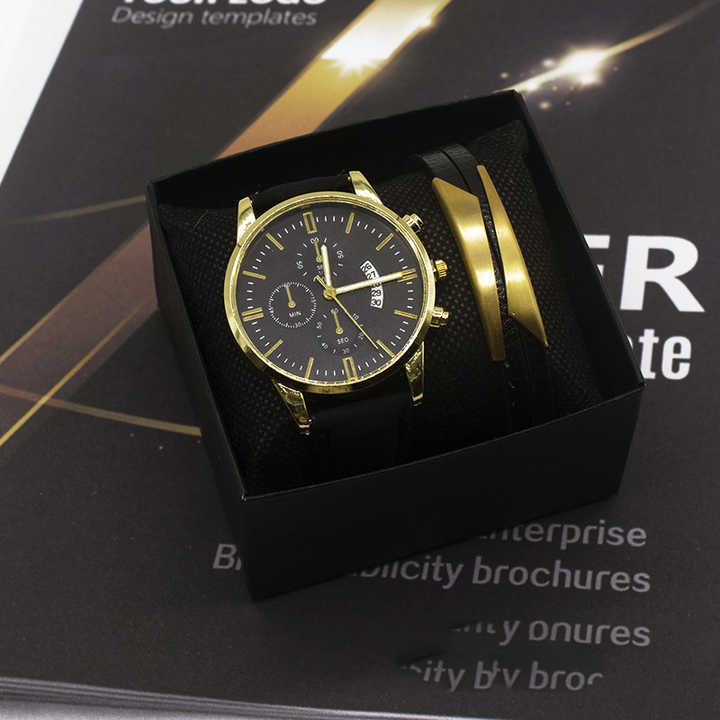 Set Ceas Analog si Bratara, Mecanism Quartz, Negru cu Auriu, Otel ...