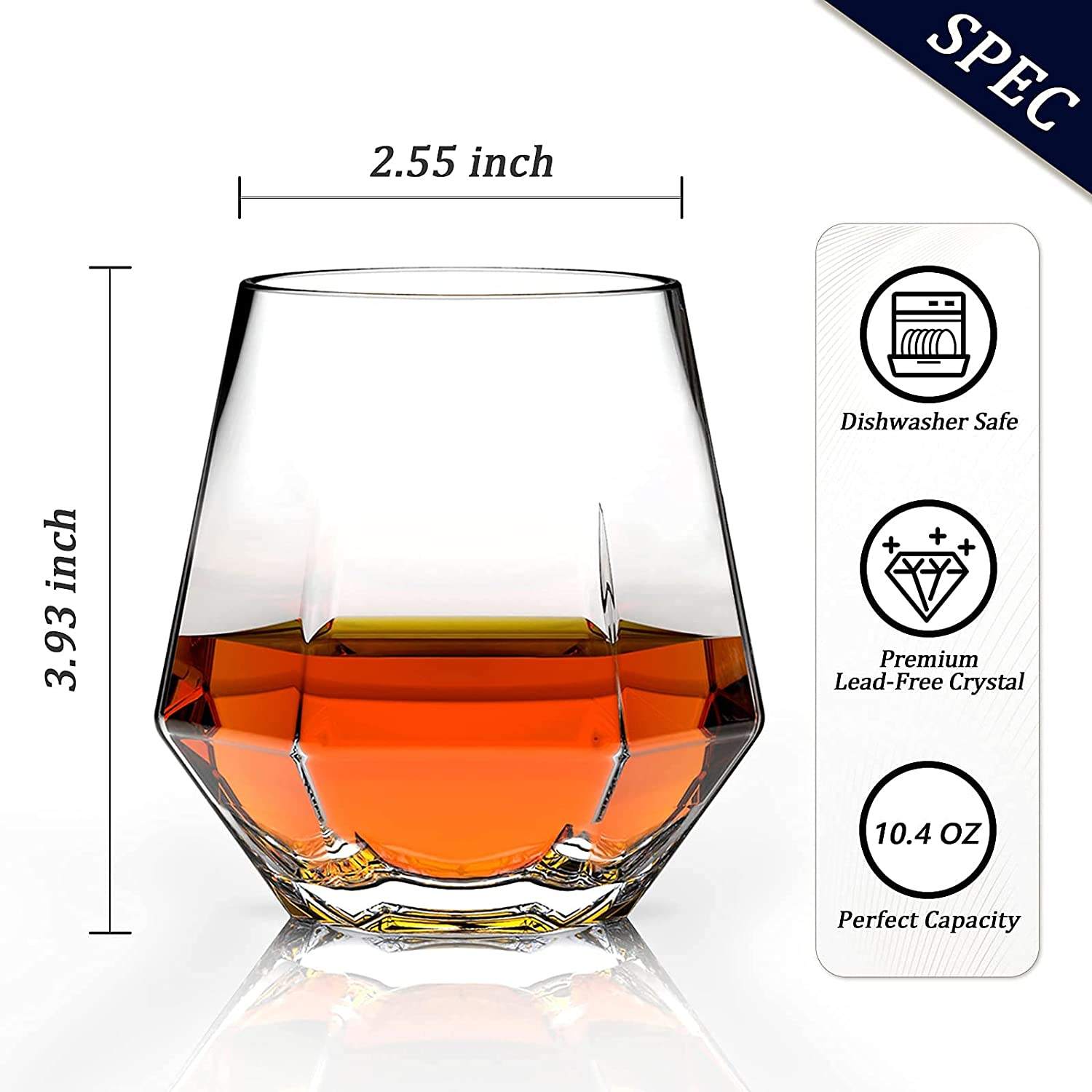 Diamond Whiskey Glasses Set of 6, Lead-Free Crystal Clear Glass, 10.4 ...