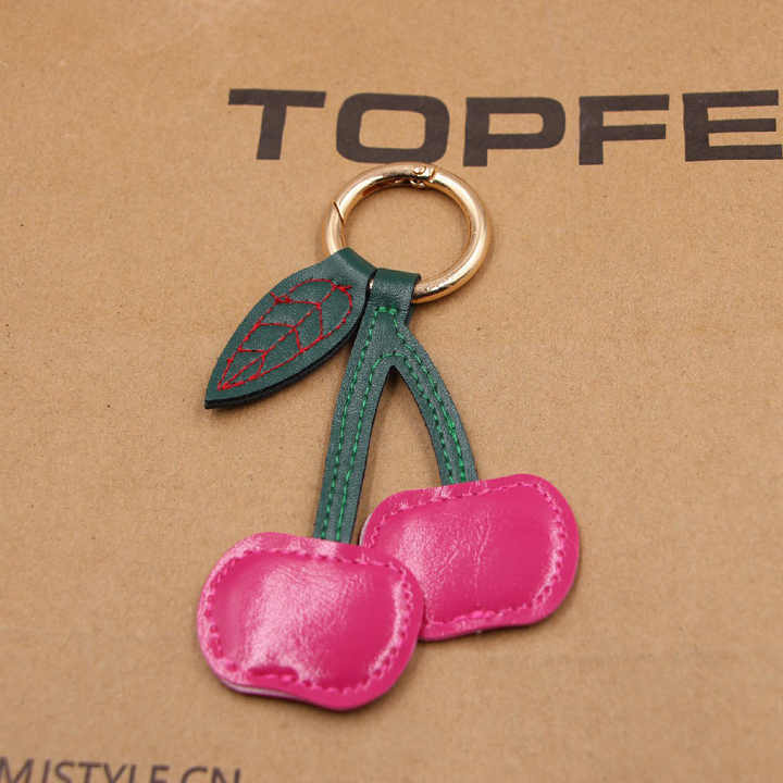 Personalized PU Leather pink Cherry Keychain for Bags Charms Mini Fruit ...