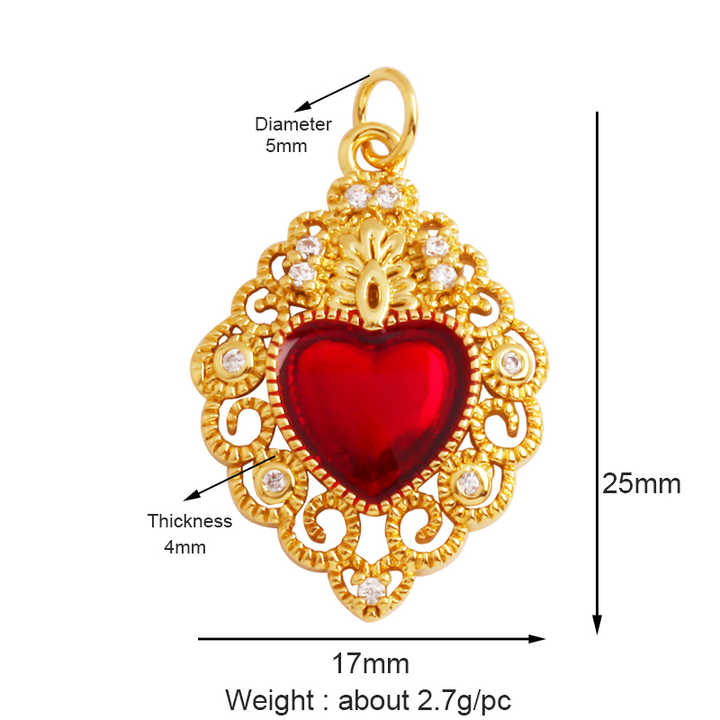 Sacred Red Heart Charm - 18K Gold Plated Zircon Pendant