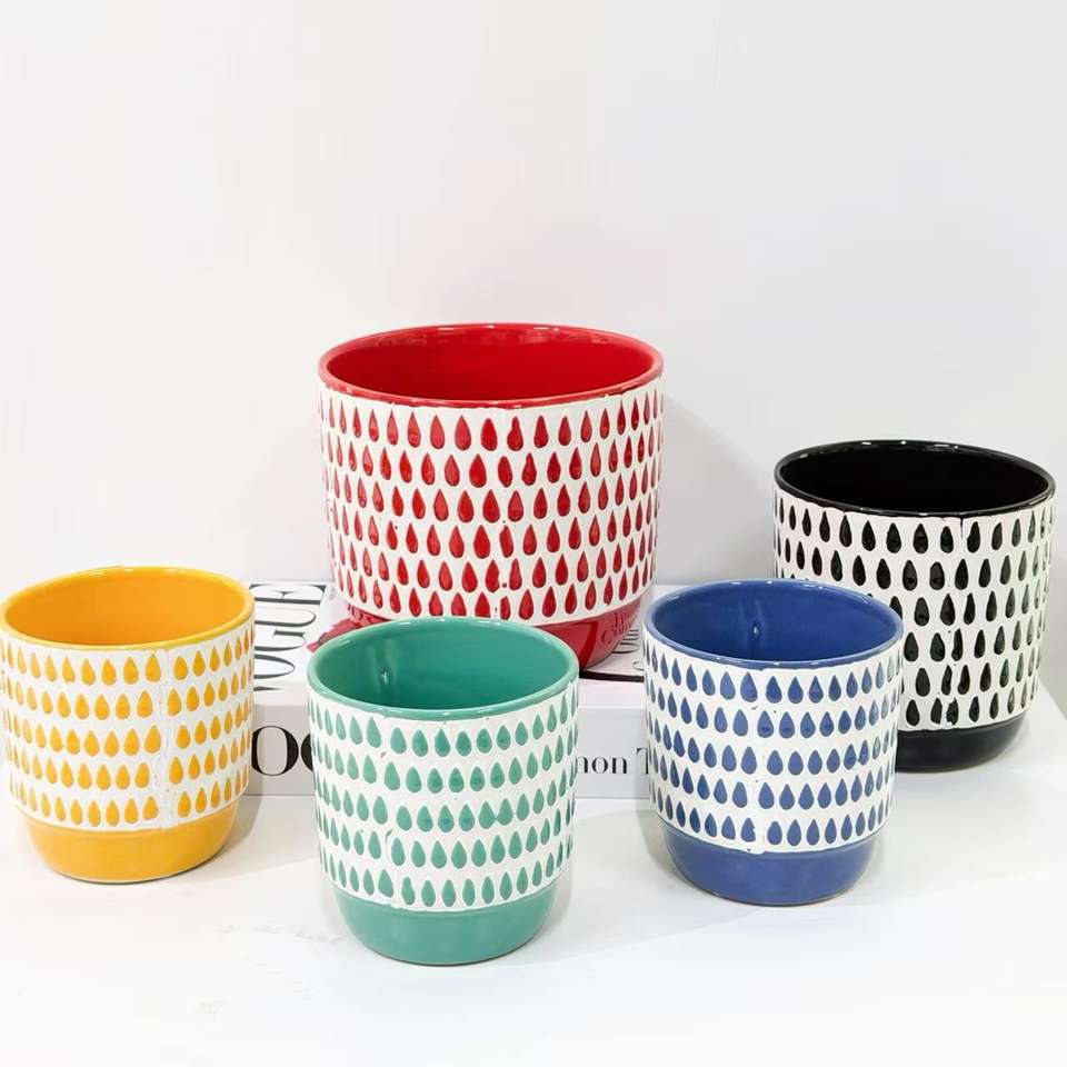 Multi-Color Teardrop Pattern Ceramic Planters Set - Indoor Outdoor ...