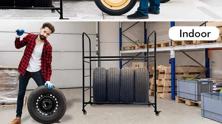 2 Tier Heavy Duty Tire Rack for Garage - Metal Tyre Stand for 4 Tires ...