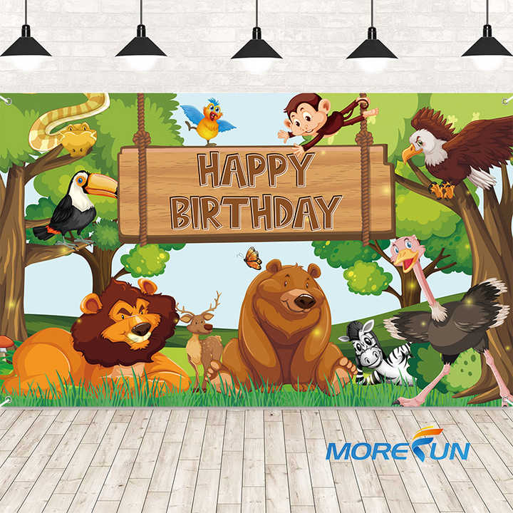 Jungle Safari Animal Theme Backdrop Banner Happy Birthday Cartoon ...
