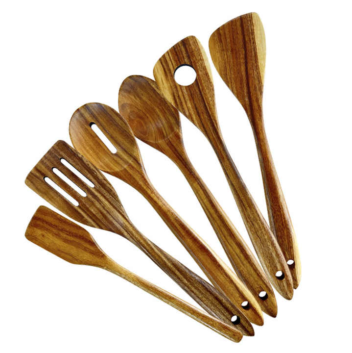 Acacia Wood Cooking Set Teak Wood Kitchenware 6-piece Set Long Handled ...