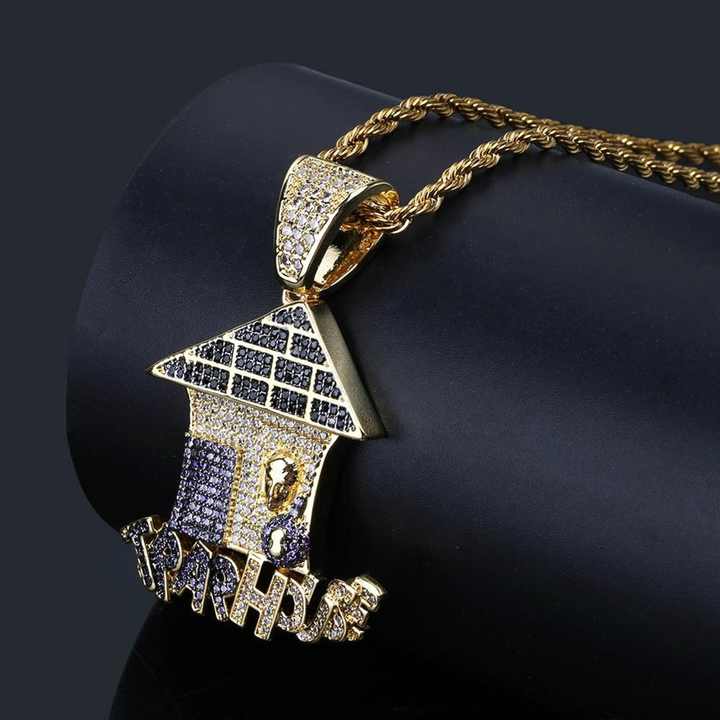 Multi Color Trap House Iced Out CZ Pendant Necklace Rope Chain Gold ...
