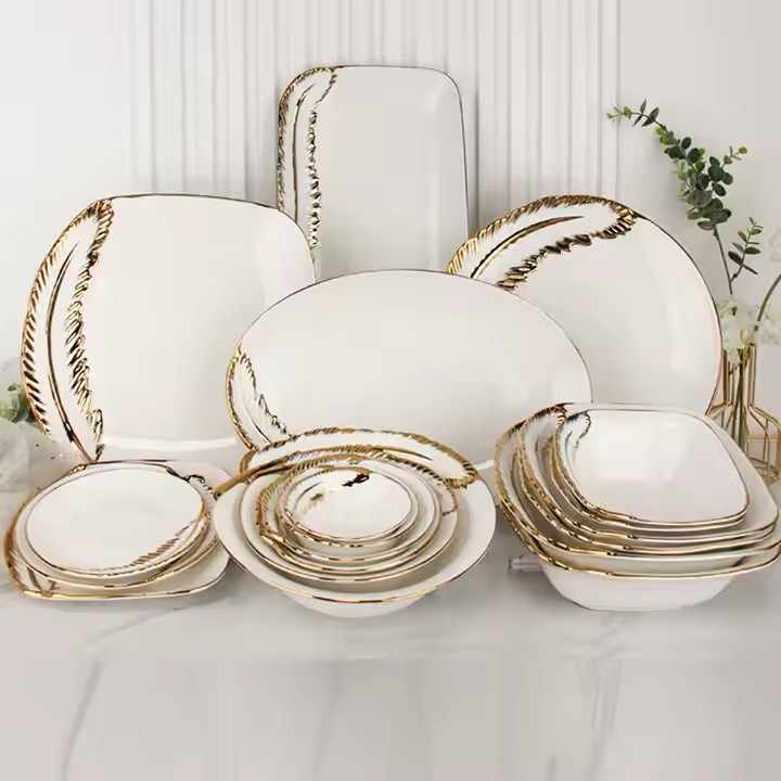 Wedding Square Round Gold Feather Rim White Ceramic Porcelain Bowls ...