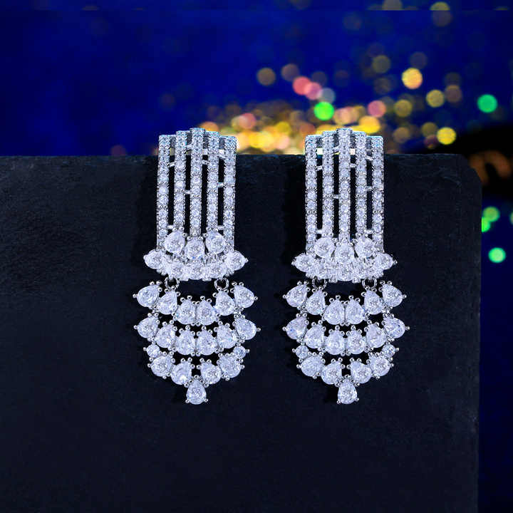 Sparkling 3A Cubic Zirconia Elegant Silvery Plated Long Drop Earrings for Women Weddings ...