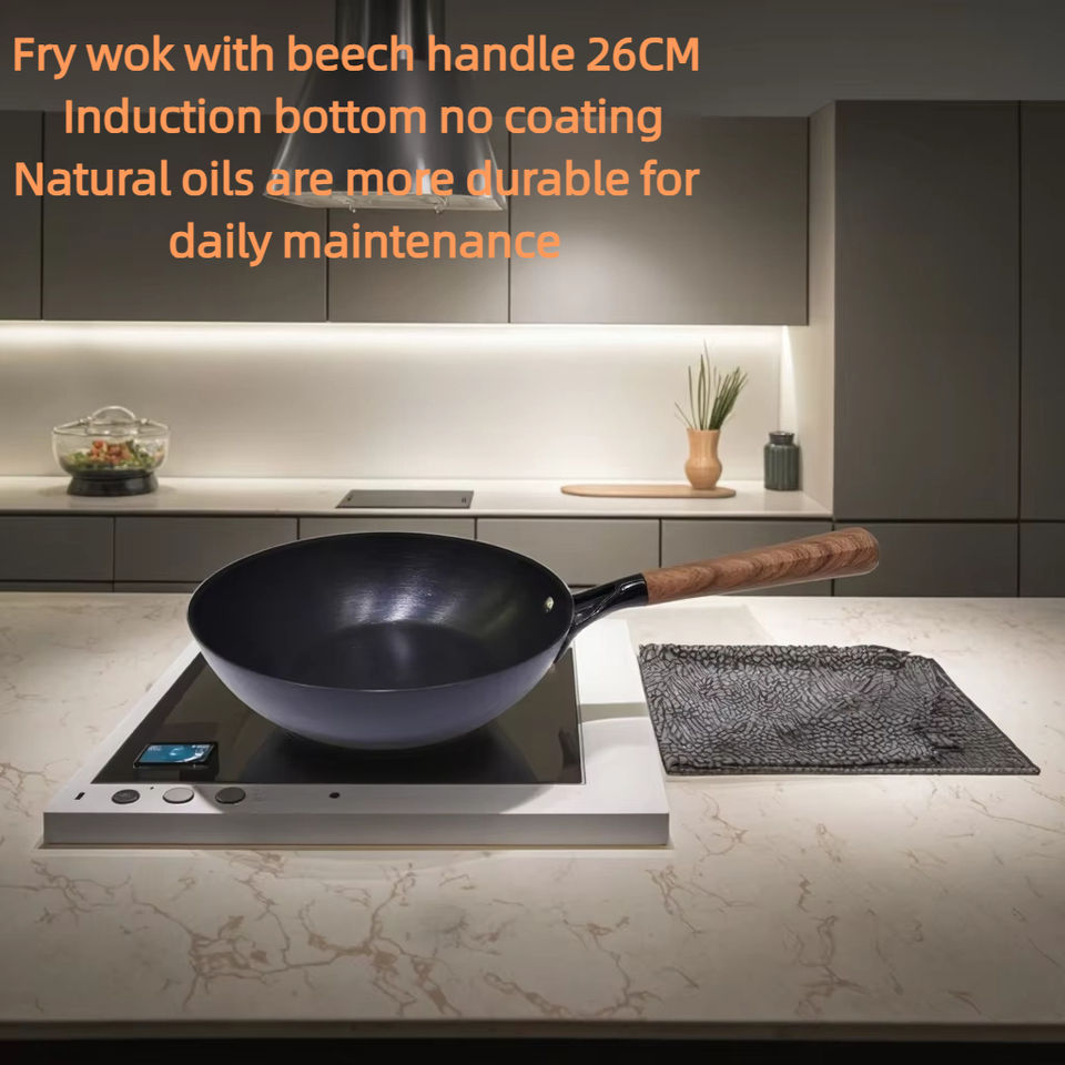 26cm Carbon Steel Cast Iron Wok with Wooden Beech Handle Optimal Heat ...