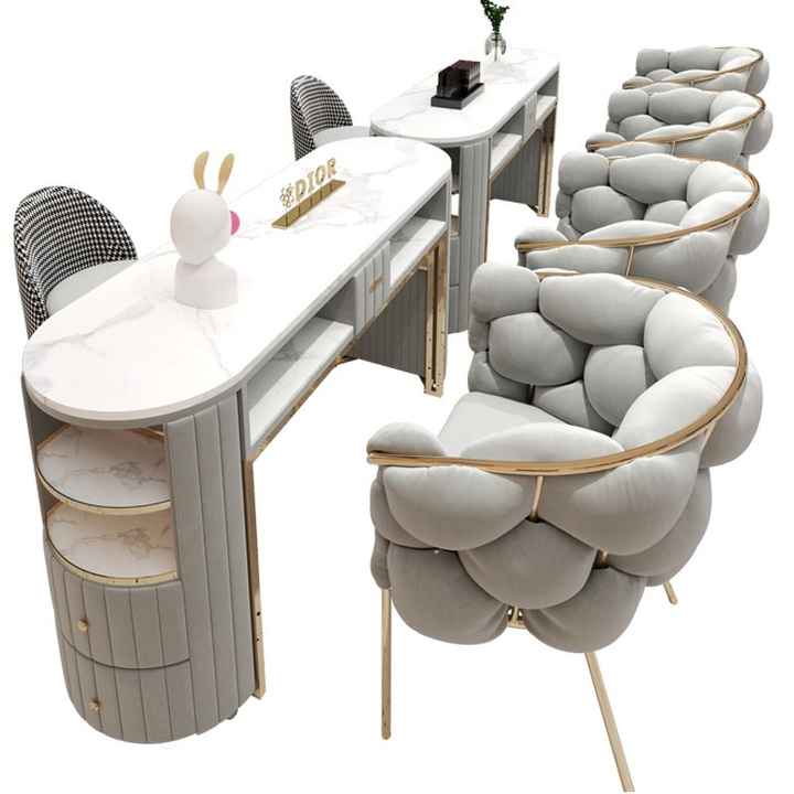 Modern Grey Marble Top Double Nail Table & Chair Set