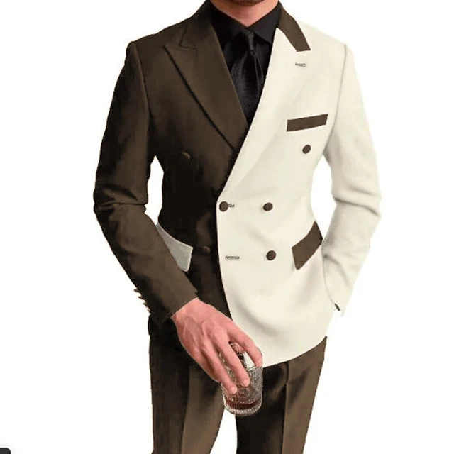 Black White Patchwork Men Suit - Slim Fit & Double Breasted