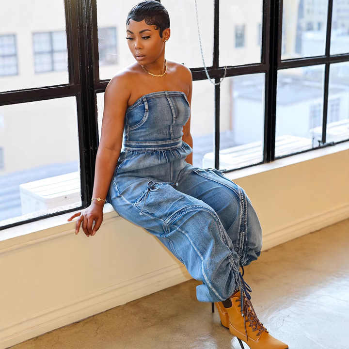 Women'S Smocked Sexy One Piece Rompers Overalls Strapless Jean Pants ...