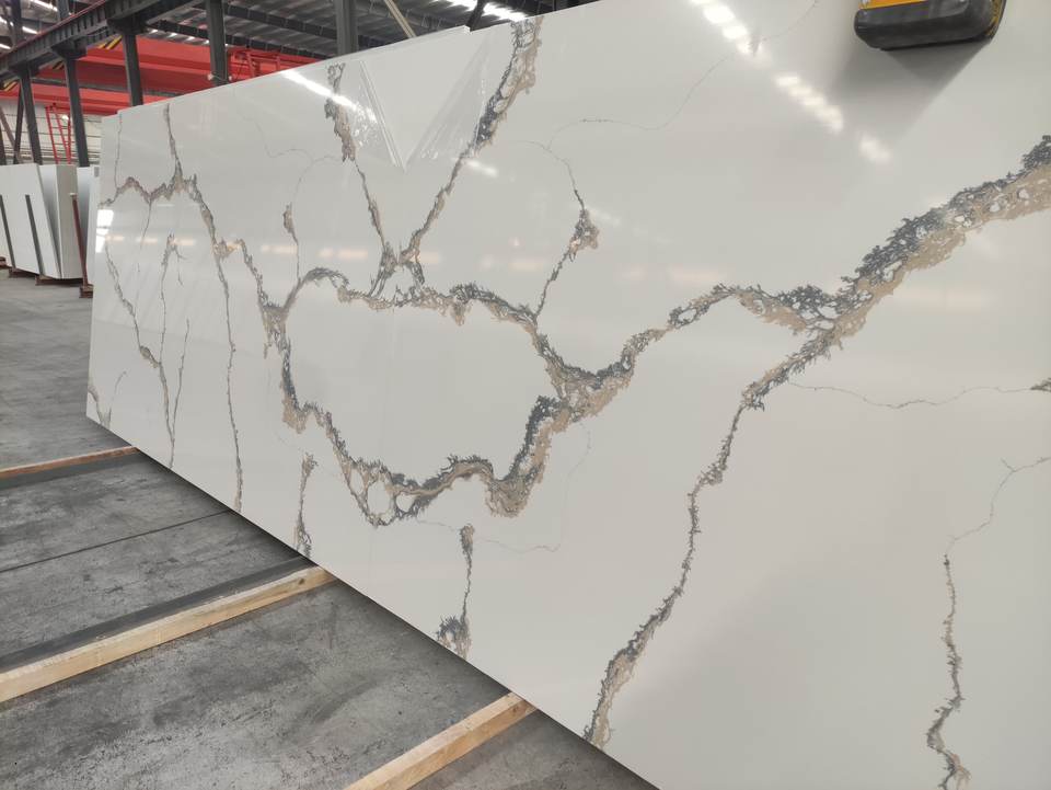 Polished Glazed Marble Quartz Slab Calacatta White Brown Artificia ...