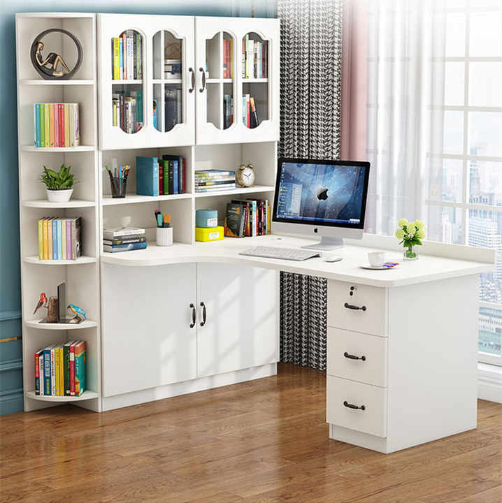 Solid Wood Corner Desk Bookcase Combination Writing Desk Bookcase ...