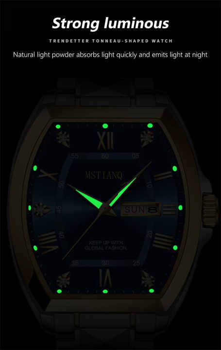 Luxury Men's Watch - Barrel Shape Quartz with Luminous Calendar