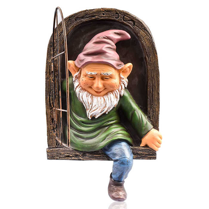Dwarf House Window Tree Sculpture Elf Out the Door Tree Hugger