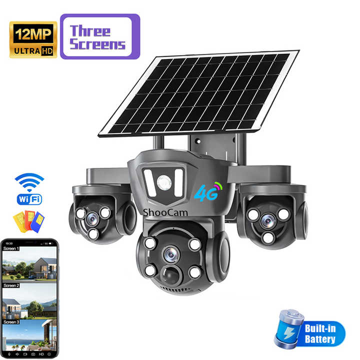 12mp 3lens 4G/WiFi Wireless Solar Outdoor IP Security Camera with Night ...