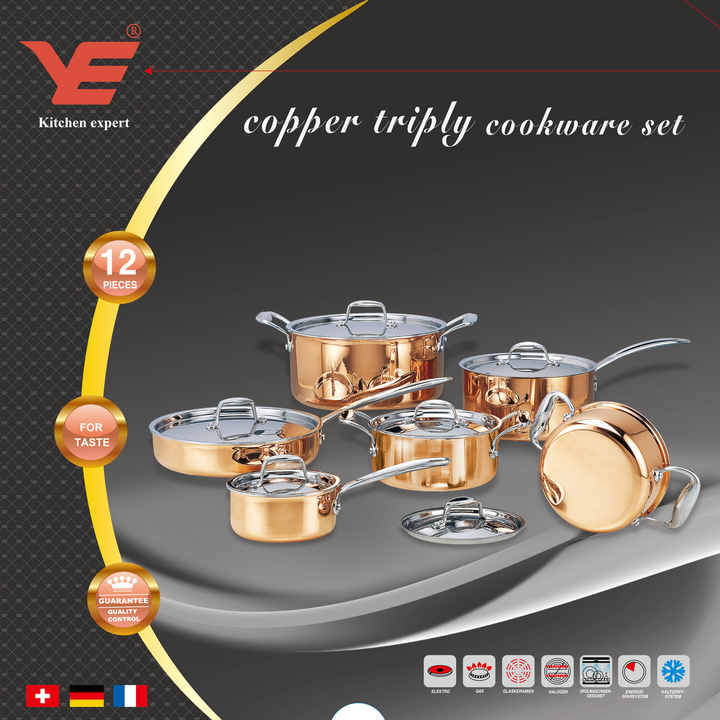 Luxury Triply Copper Cookware Pot Set - 12pcs Stainless Steel Cookware, OEM