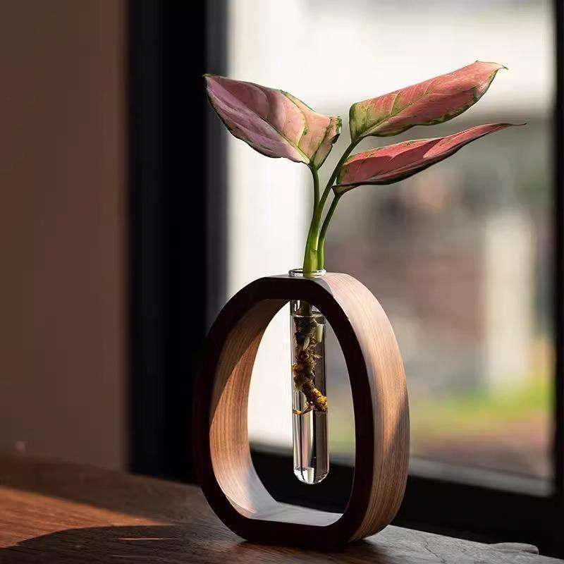 Modern Asian Zen Style Walnut Wood & Glass Hydroponic Tabletop Vase ...