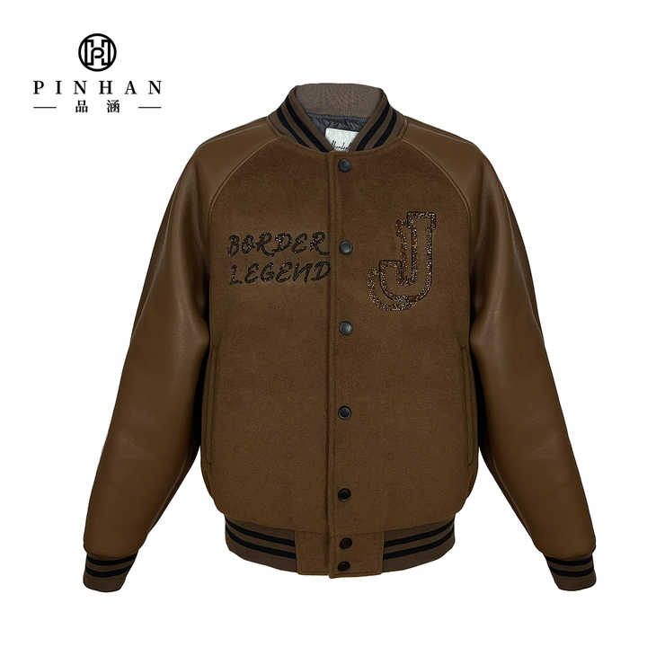 Rhinestone-Embellished Varsity Bomber Jacket Wool Pu Leather Spliced ...