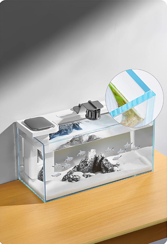 YEE Ultra White Glass Mini Fish Tank Silent Pump Integrated Filtration ...