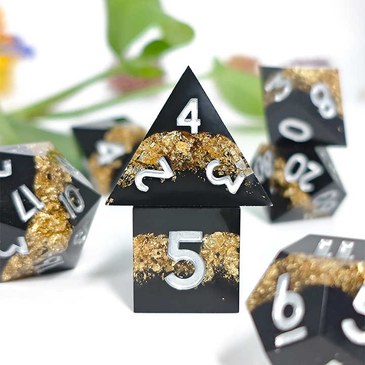 Custom 7-Piece Set of Black Resin Polyhedral Dice Split Shining with ...