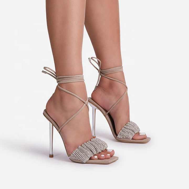 NSH028 Diamond Bow Square Toe Lace up Metal Heel Sandals Women Large ...