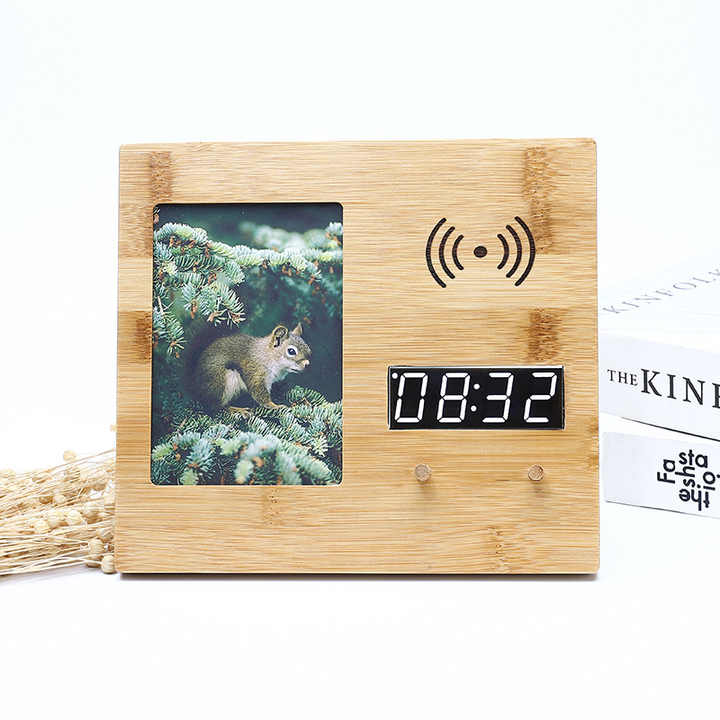 Bamboo Wood Digital Calendar Alarm Clock Photo Frame with Wireless ...