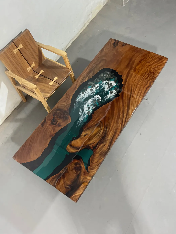 Transparent Emerald Green Resin Dining Table Landscape Texture Embedded ...