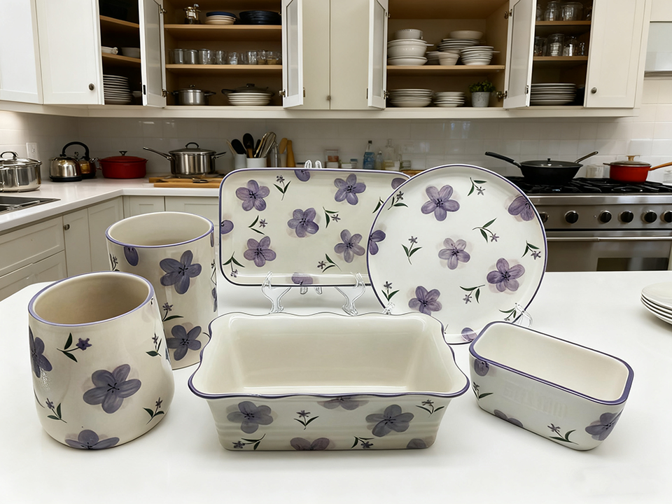 Purple Hand-painted Flower 9.5-inch Wavy-patterned Ceramic Eco-friendly ...